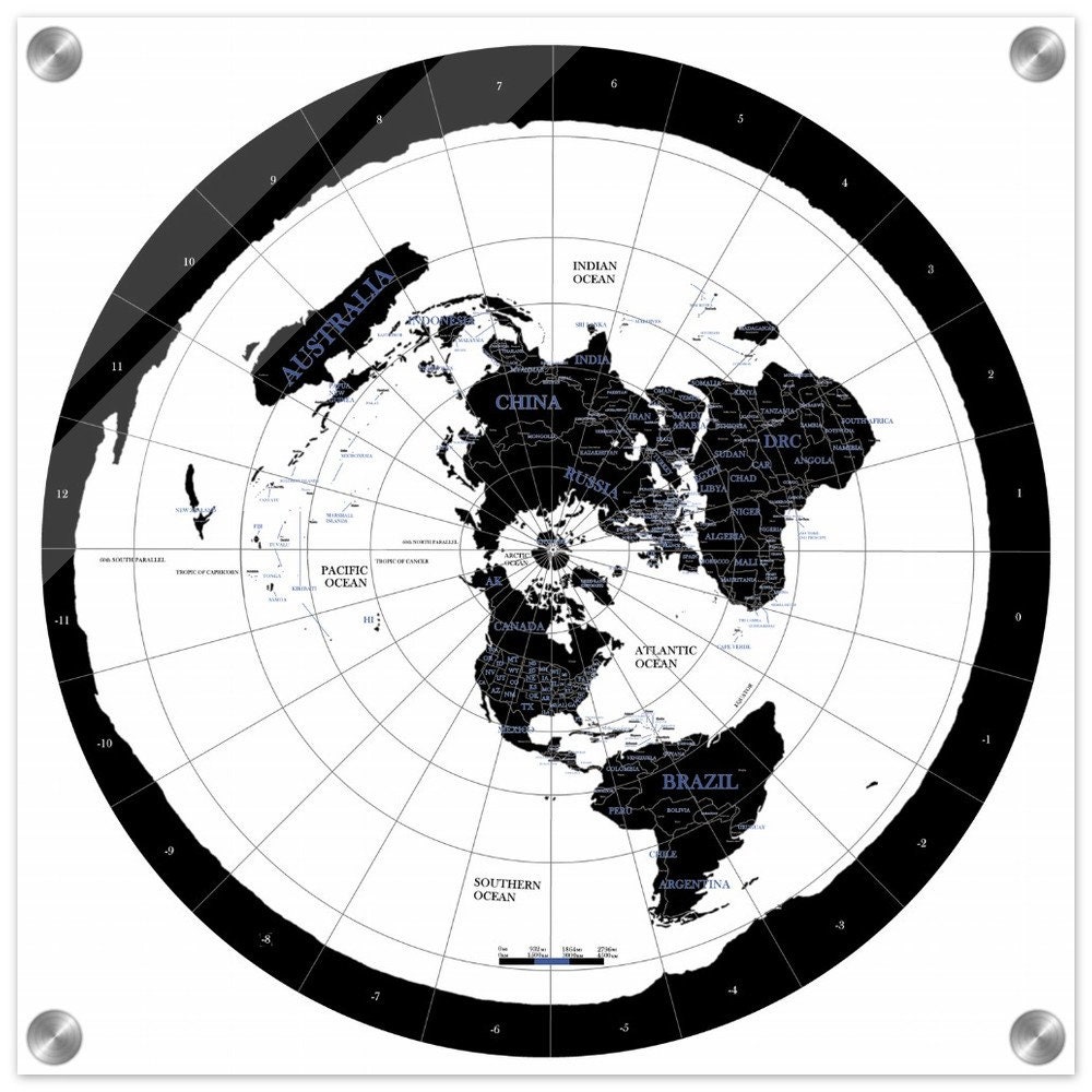 Flat Earth Acrylic White & Black Modern Borders Map Wall Art - Etsy