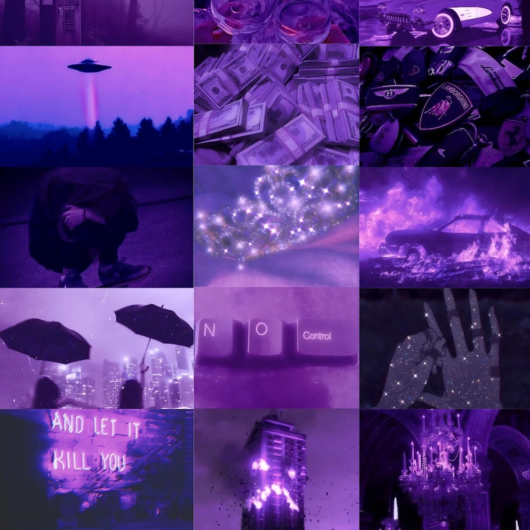 60PCS Neon Purple Collage Kit for Room Decor Boujee Purple Aesthetic ...
