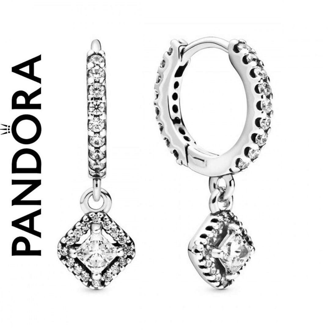 Women Sterling Silver Earrings, Pandora Earrings, Square Sparkle Hoop ...