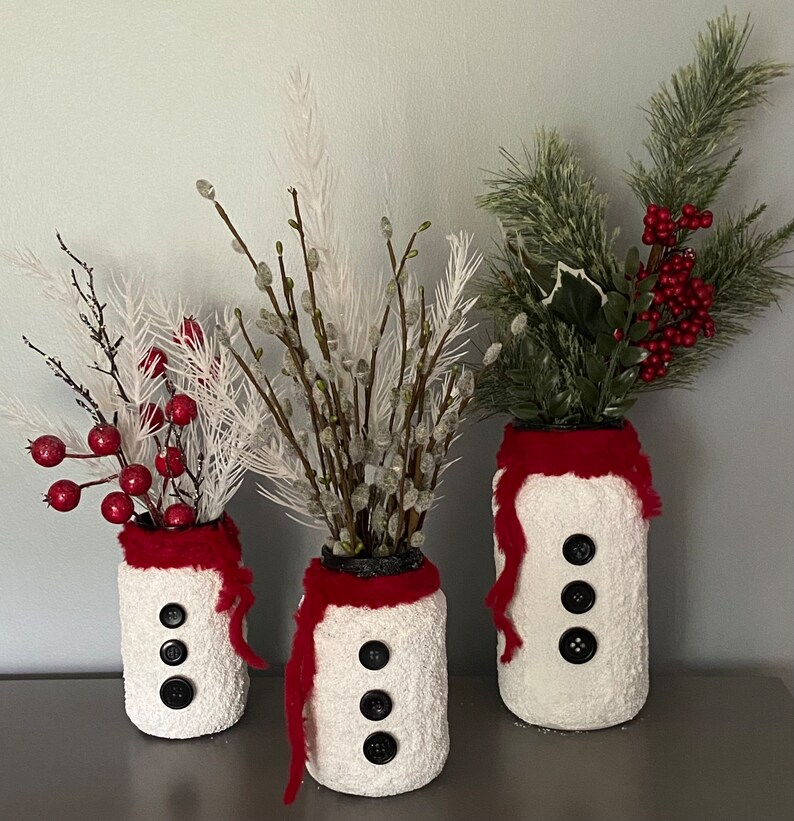 Snowman Family of Vases With Red Berries and Winter Branches. - Etsy