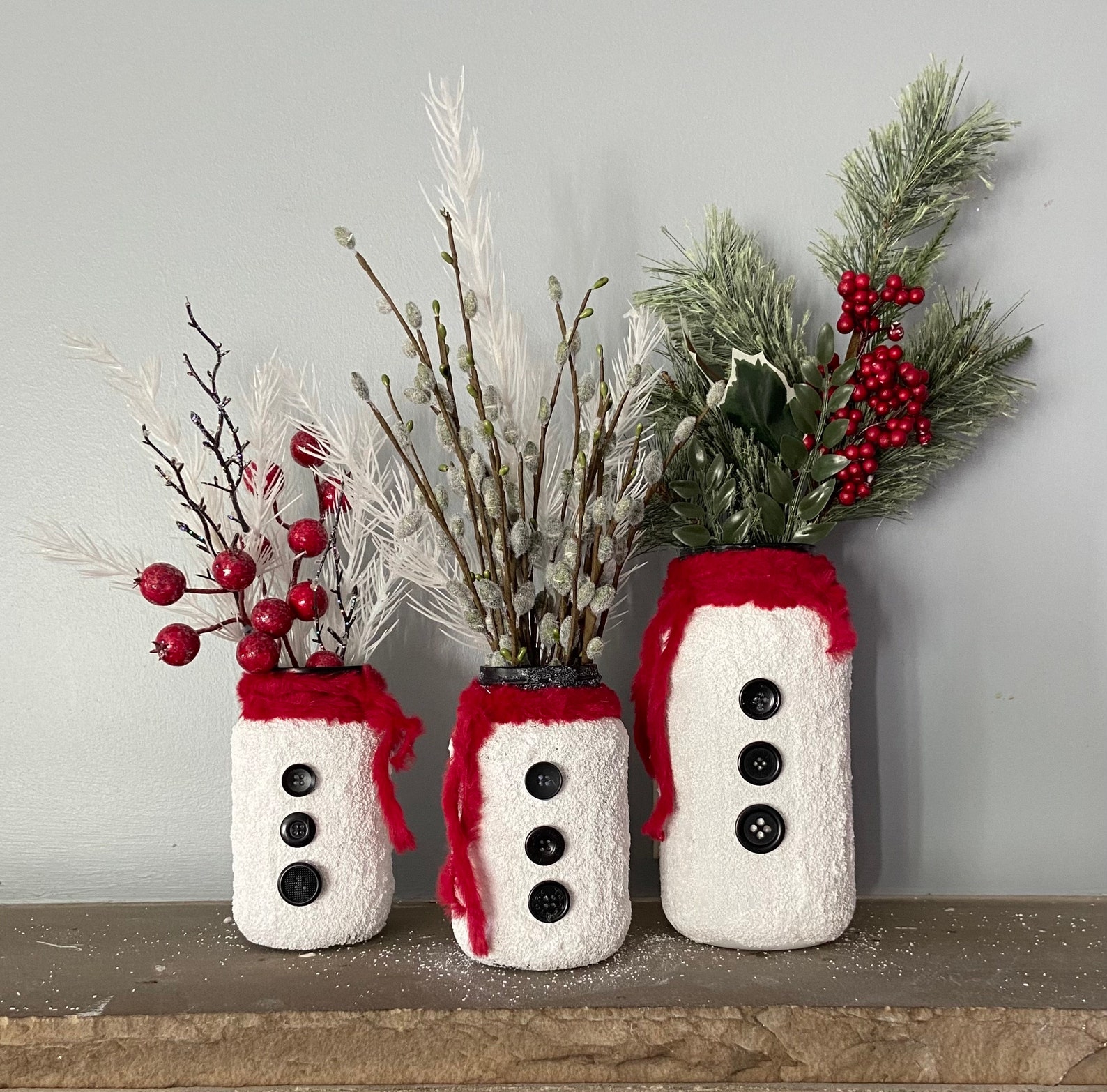 Snowman Family of Vases With Red Berries and Winter Branches. - Etsy