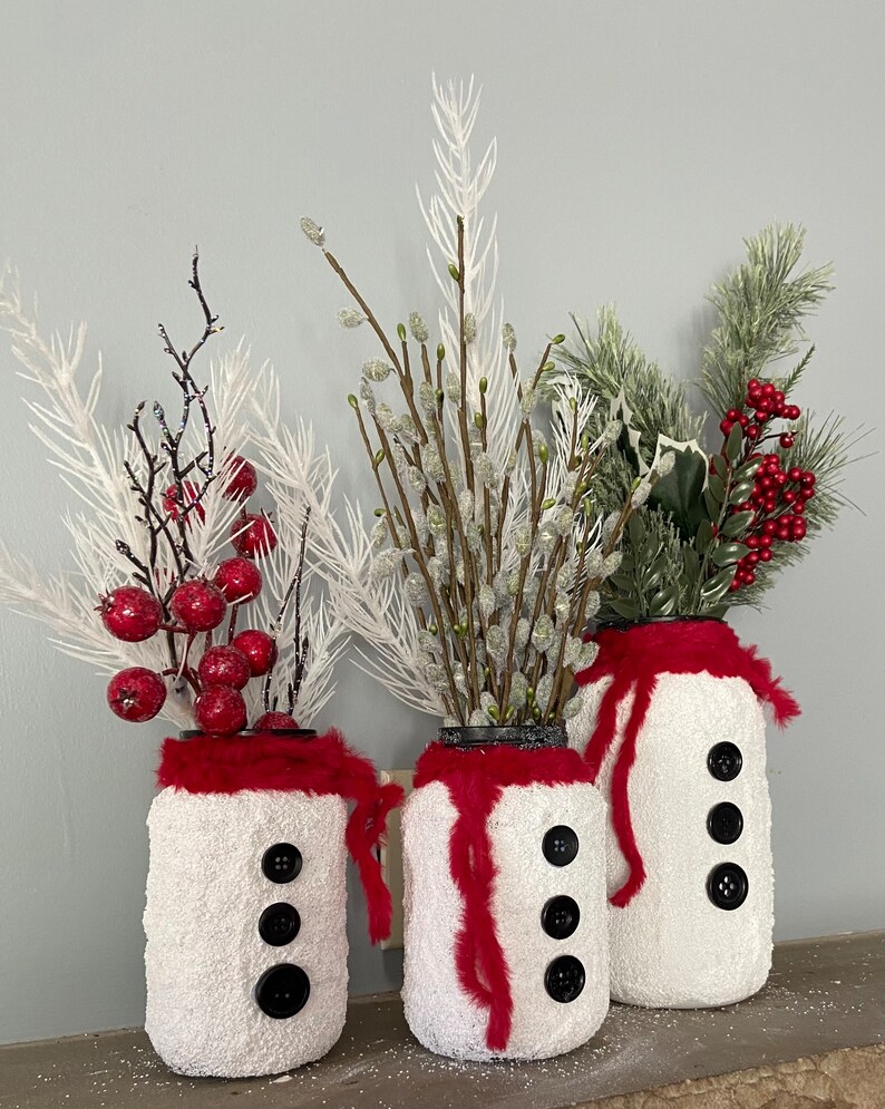Snowman Family of Vases With Red Berries and Winter Branches. - Etsy