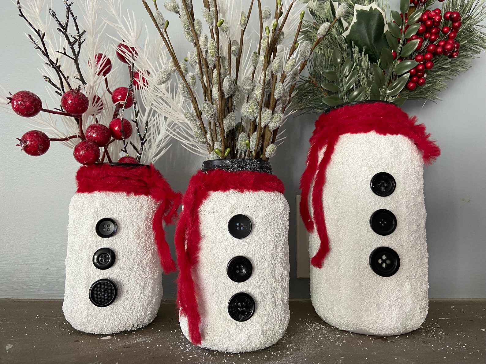 Snowman Family of Vases With Red Berries and Winter Branches. - Etsy