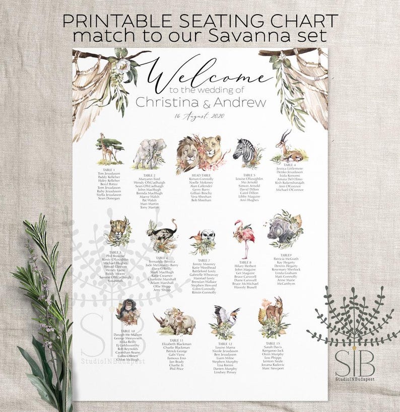 Safari Animal Seating Chart, Boho Safari Wedding Seating Plan, Zoo ...