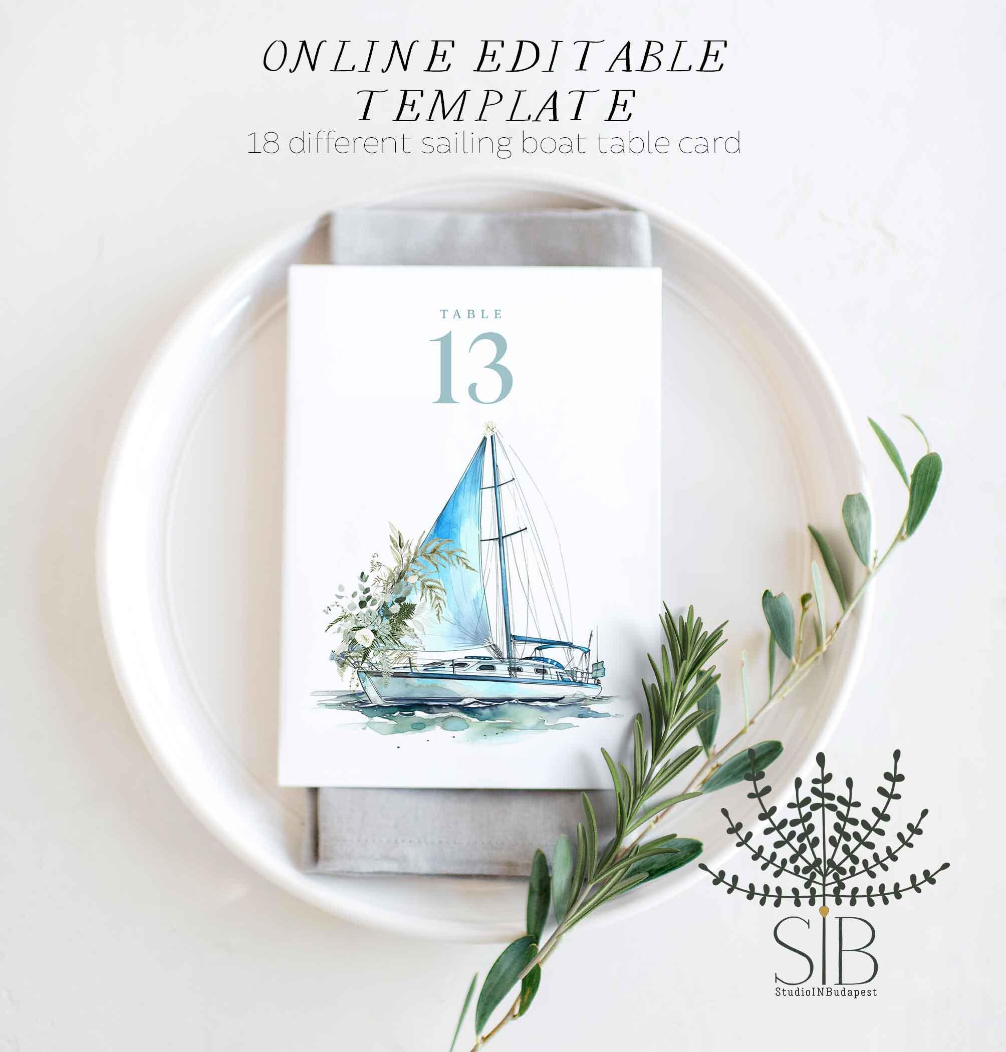 Watercolor Sailboat Table Number Cards, Coastal Wedding (editable ...