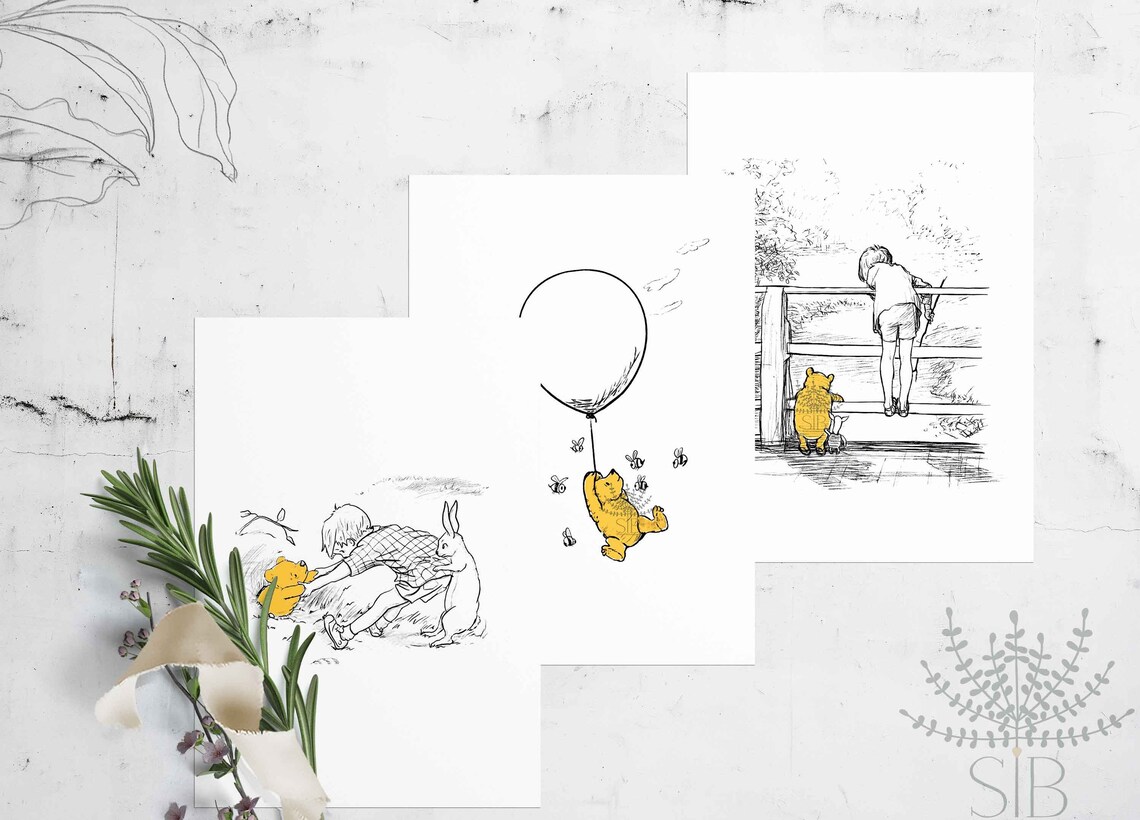 Classical Winnie the Pooh Vintage Illustration Printable 3pc, Vintage ...