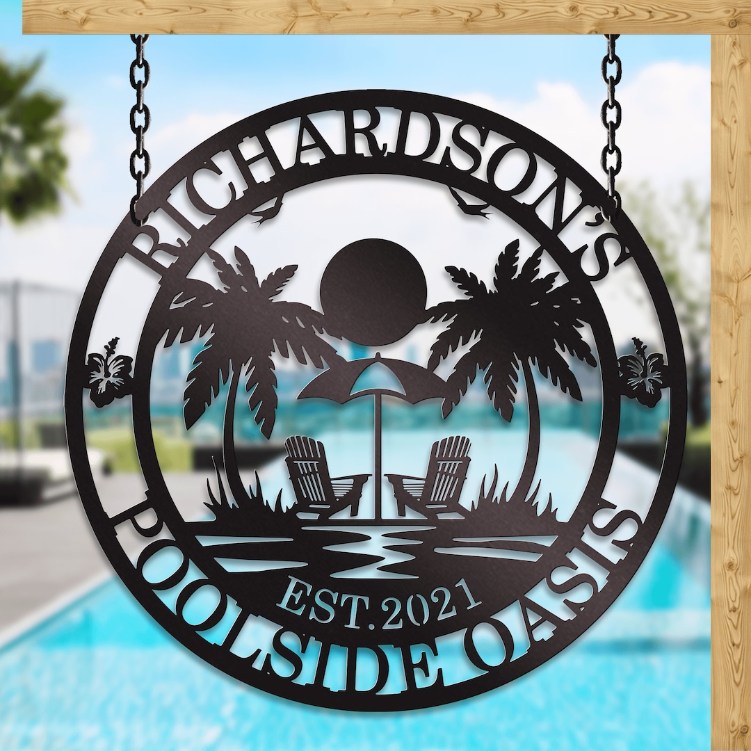 Personalized Poolside Metal Sign, Backyard Sign Décor, Hibiscus Aloha ...