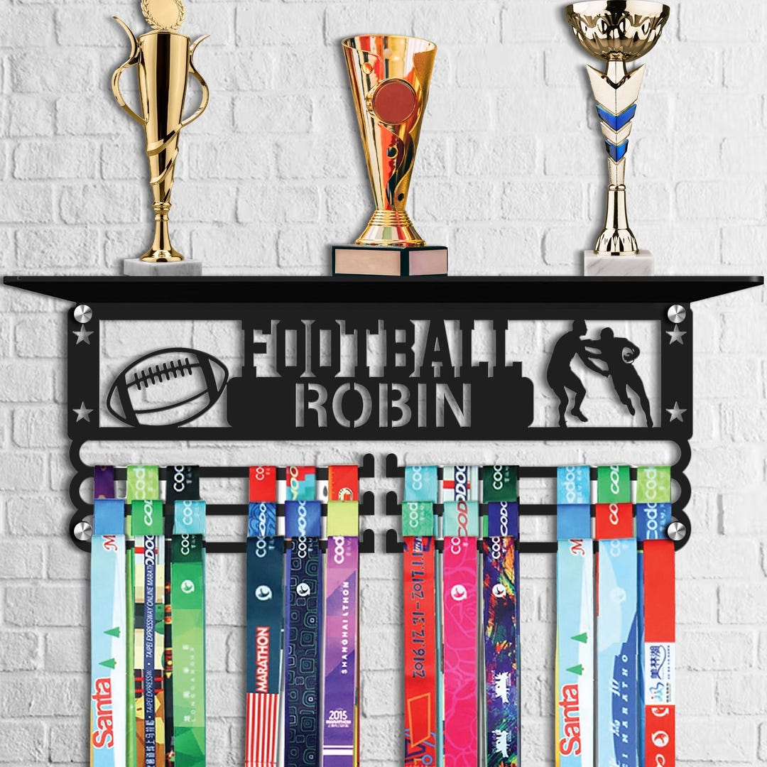 Personalized Men Football Medal Hanger With Trophy Shelf, Custom Name ...