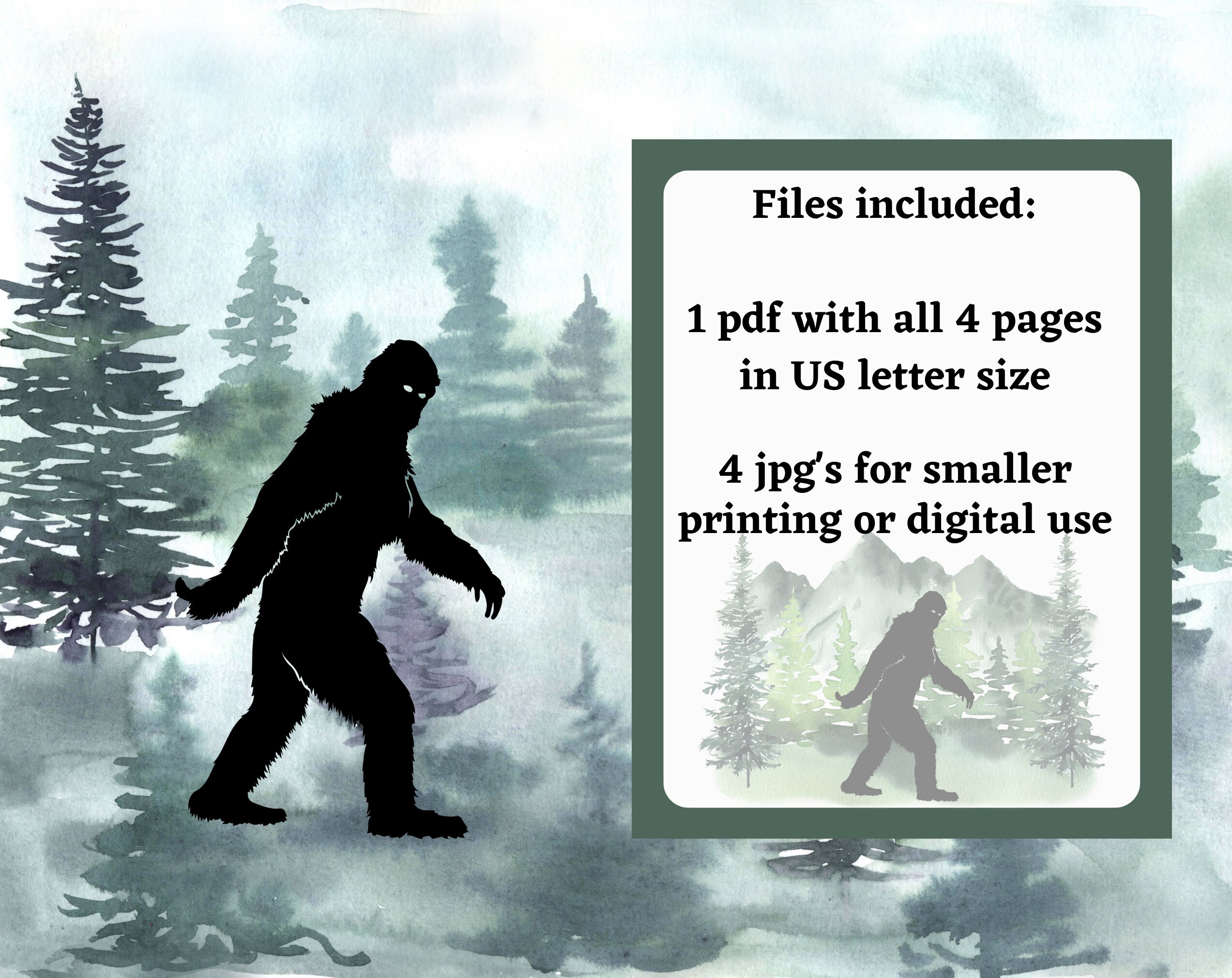 Bigfoot Foggy Forest Printable Stationery Paper Set, US Letter Size ...
