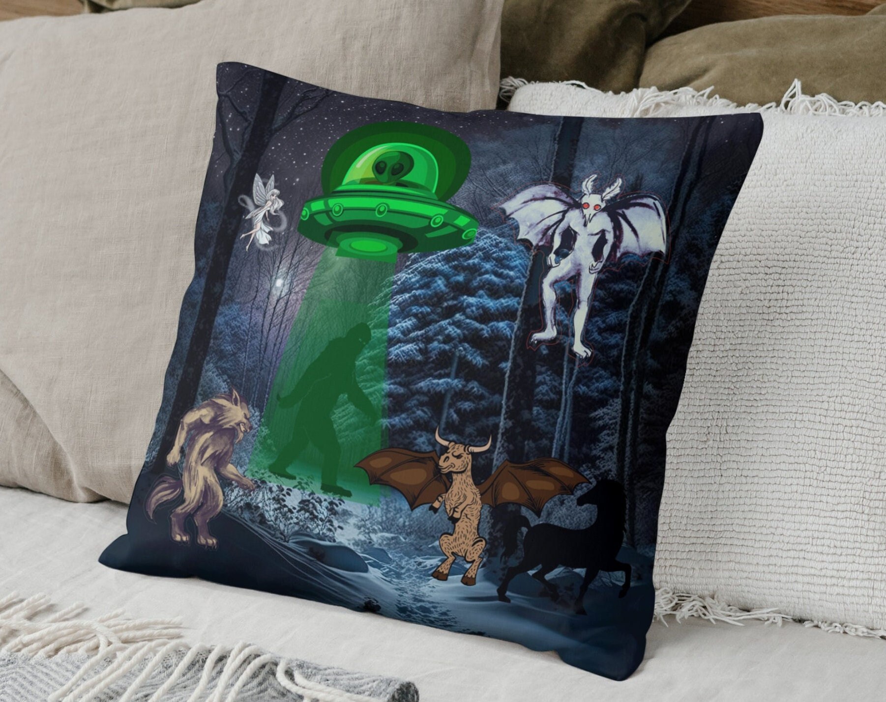 Bigfoot Pillow, Mythical Creatures of the Night Square Pillow, Imothman ...