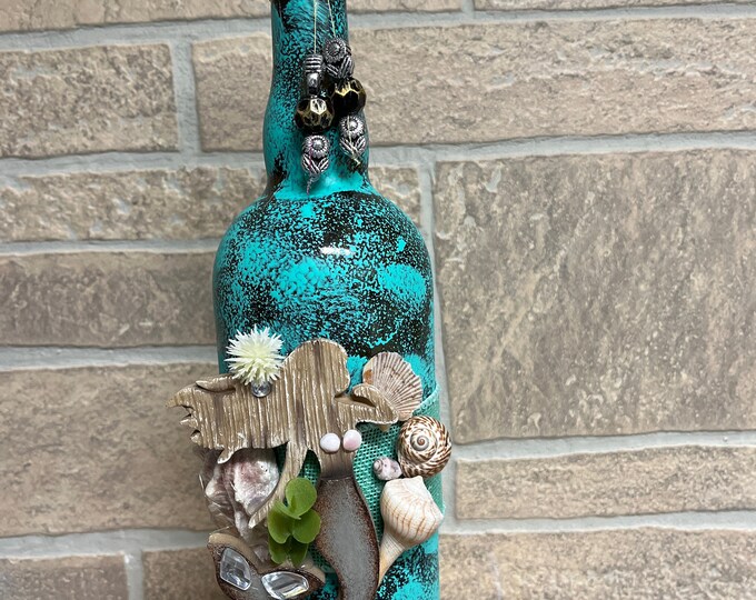 Blue Lighted Wine Bottle, Beach Bottle Lights, Beach Theme Wine Bottle ...