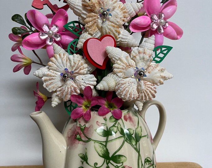 Vintage Tea Pot of Seashell Bouquet, Shell Flower Housewarming Gift ...