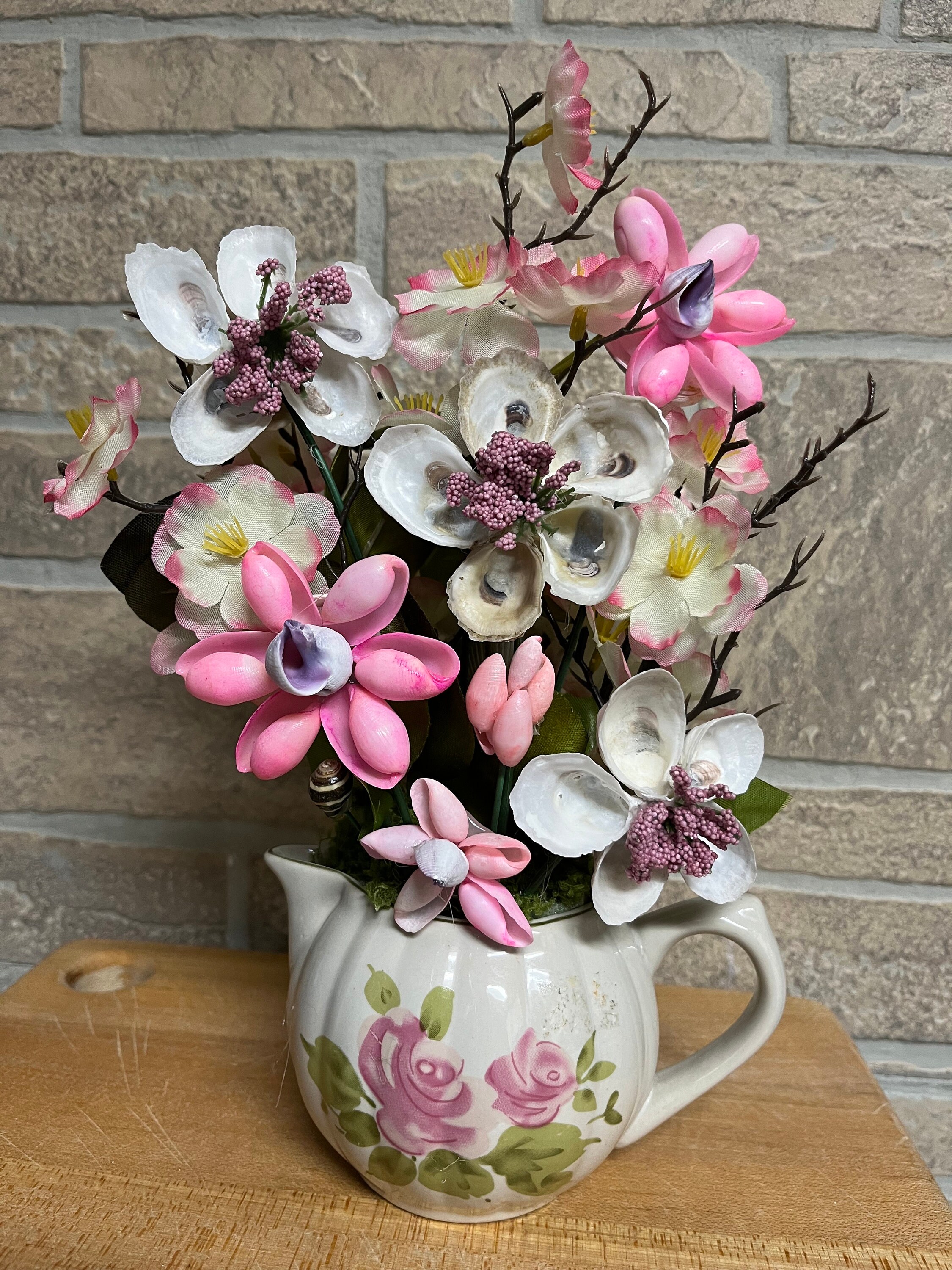 Vintage Pitcher With Seashell Bouquet, Shell Flowers Centerpiece ...