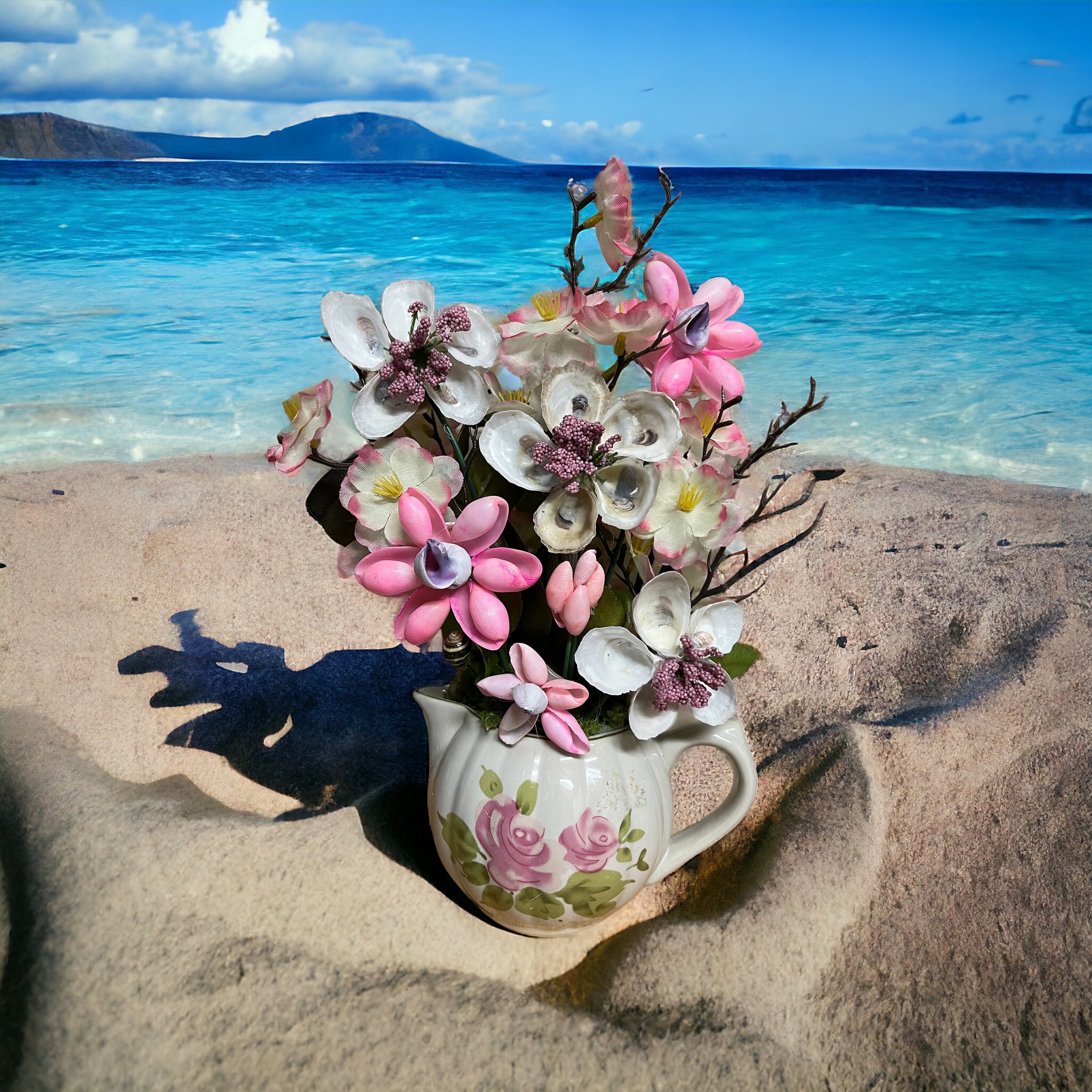 Vintage Pitcher With Seashell Bouquet, Shell Flowers Centerpiece ...