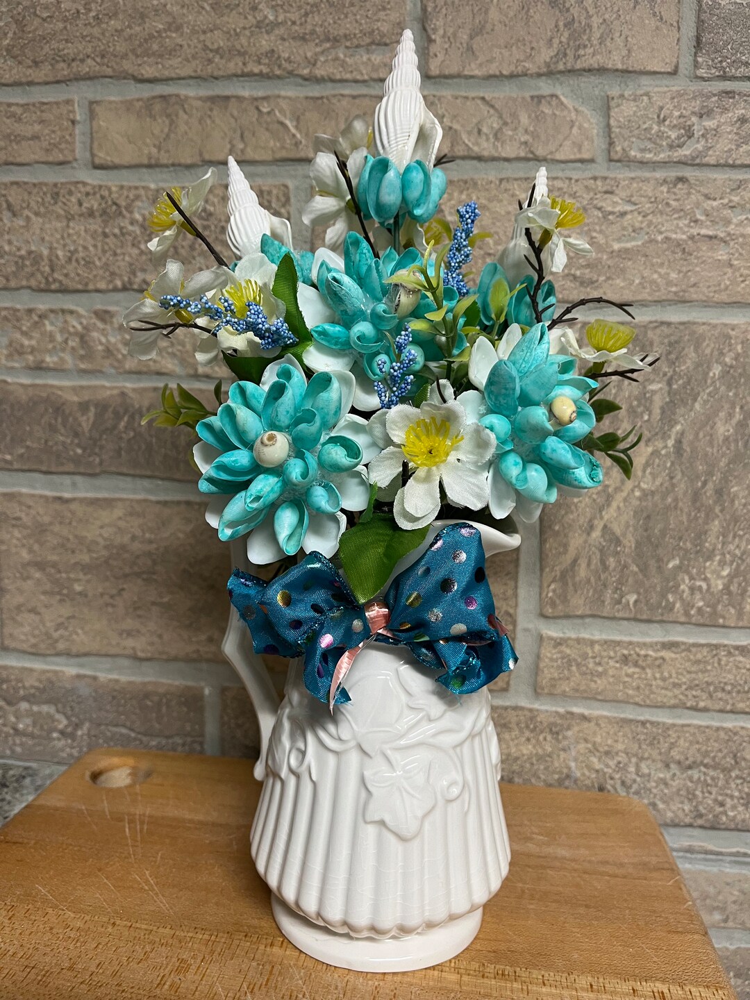 Vintage Pitcher With Seashell Bouquet, Shell Flowers Centerpiece ...