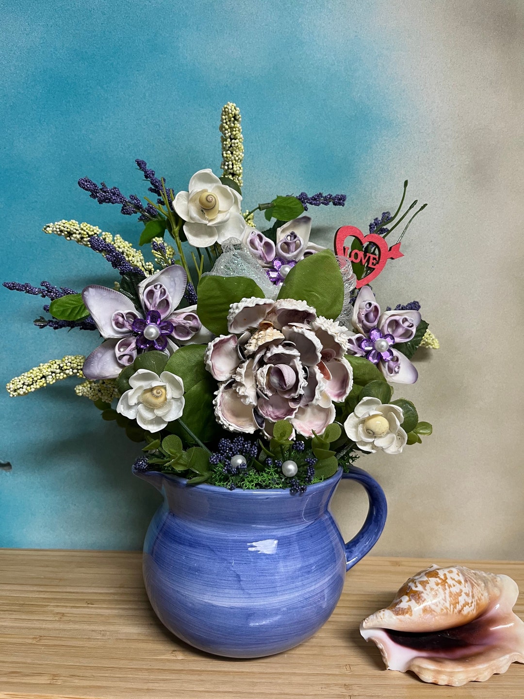 Vintage Pitcher Holding Seashell Flower Bouquet, Handmade Shell Flower ...