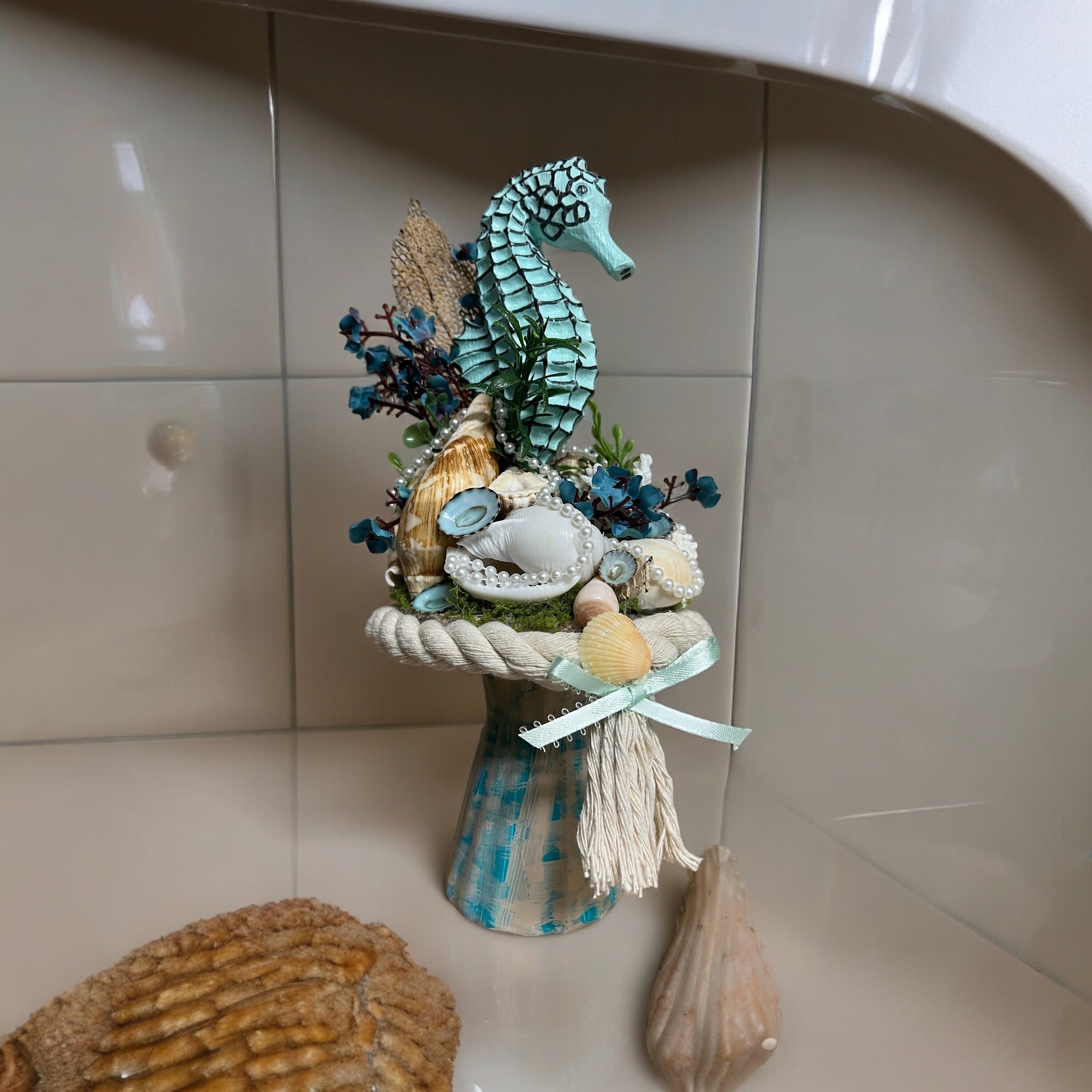 Seahorse Coastal Centerpiece, Seashell Table Top Display, Aqua Seahorse ...
