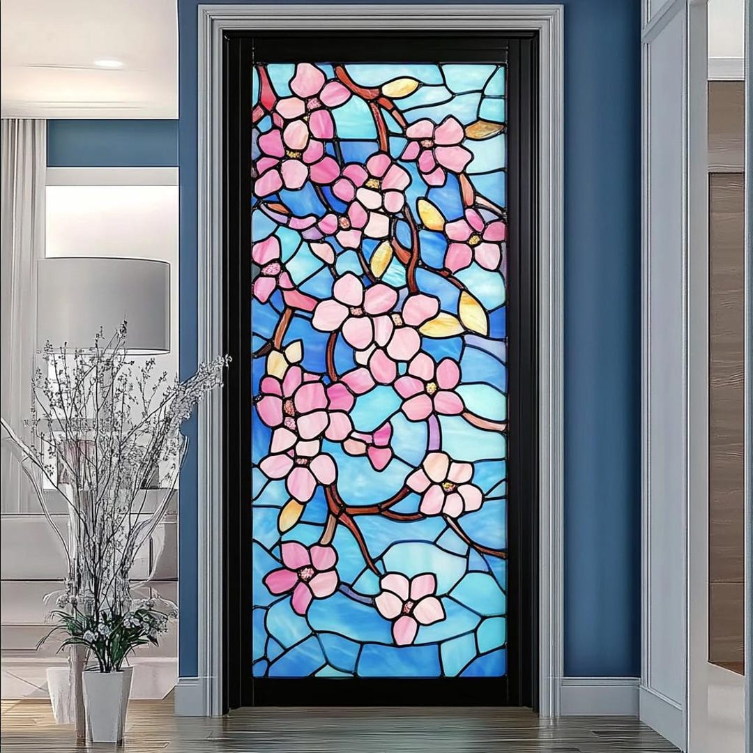 Customized Pink Blossoms Stained Glass Film Decorative Privacy Window ...