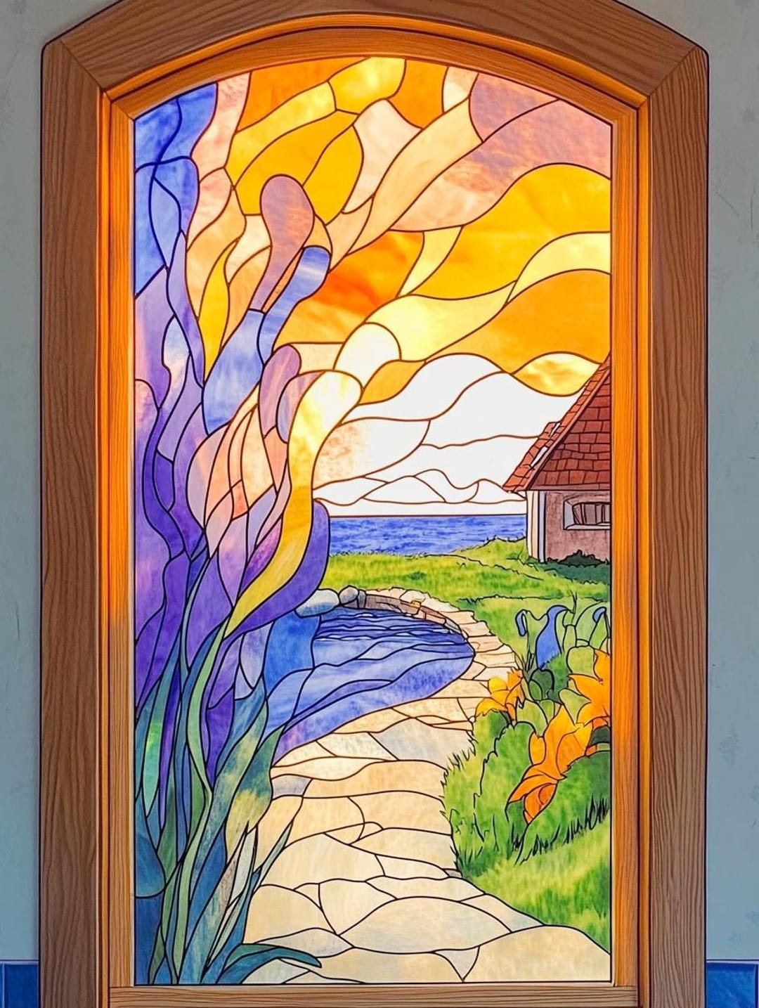 Customized Seaside Sunset Stained Glass Window Film Coastal Path and ...