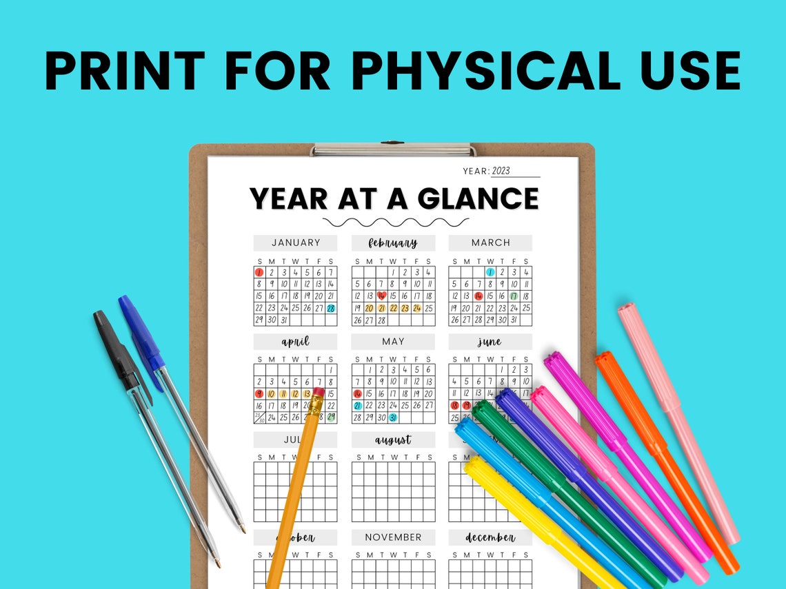 Year at A Glance Printable Calendar • Undated & Blank • Fillable for ...