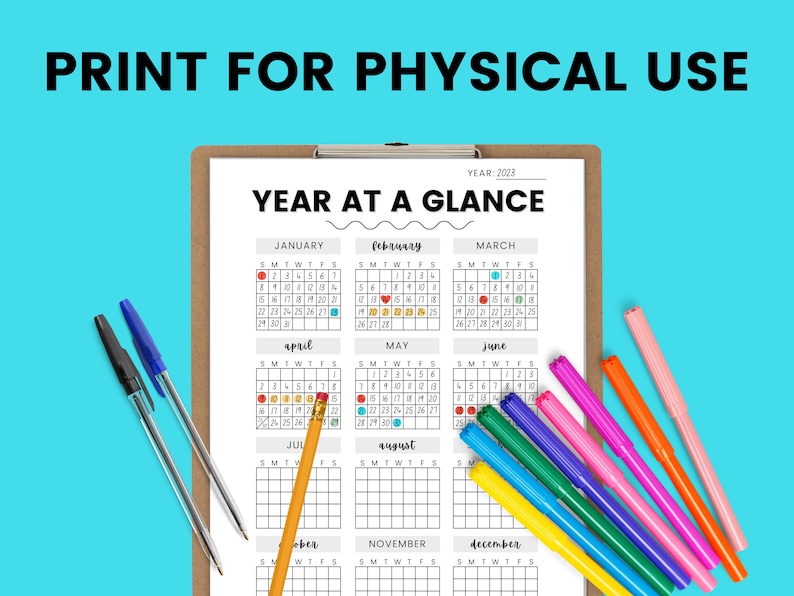 Year at A Glance Printable Calendar • Undated & Blank • Fillable for ...