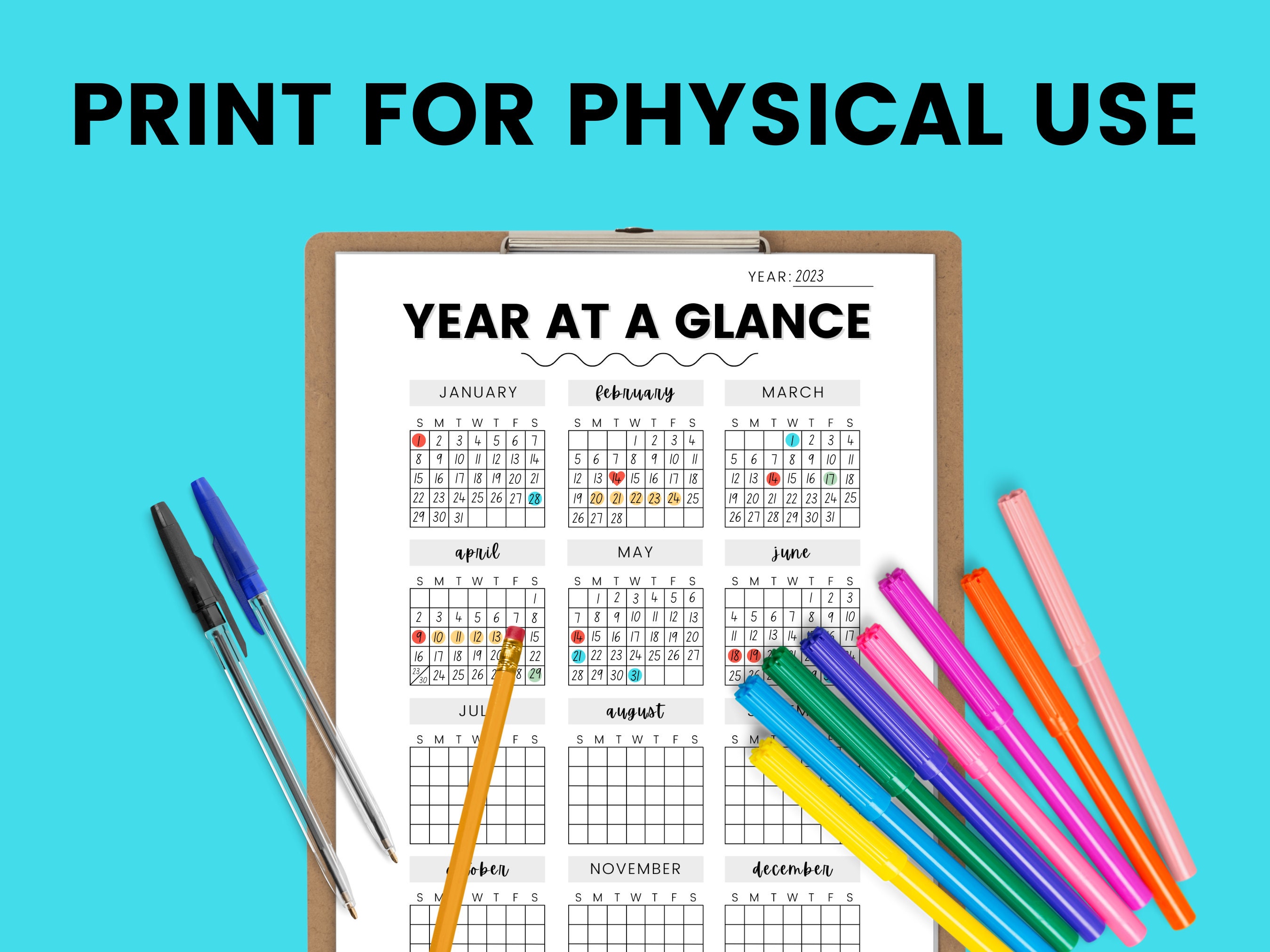 Year at A Glance Printable Calendar • Undated & Blank • Fillable for ...