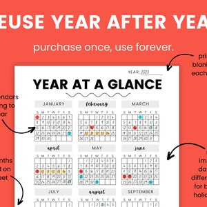 Year at A Glance Printable Calendar • Undated & Blank • Fillable for ...