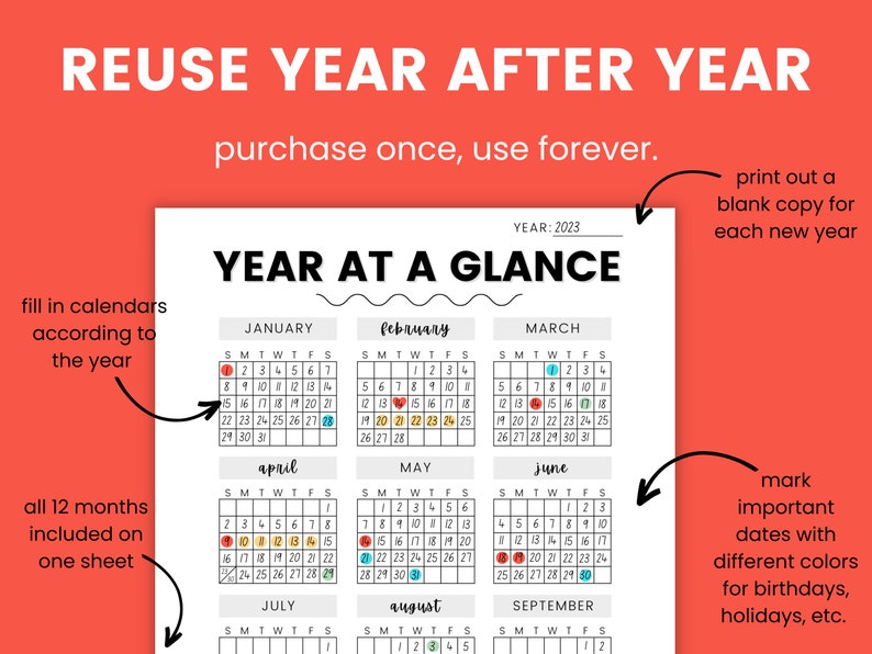 Year at A Glance Printable Calendar • Undated & Blank • Fillable for ...