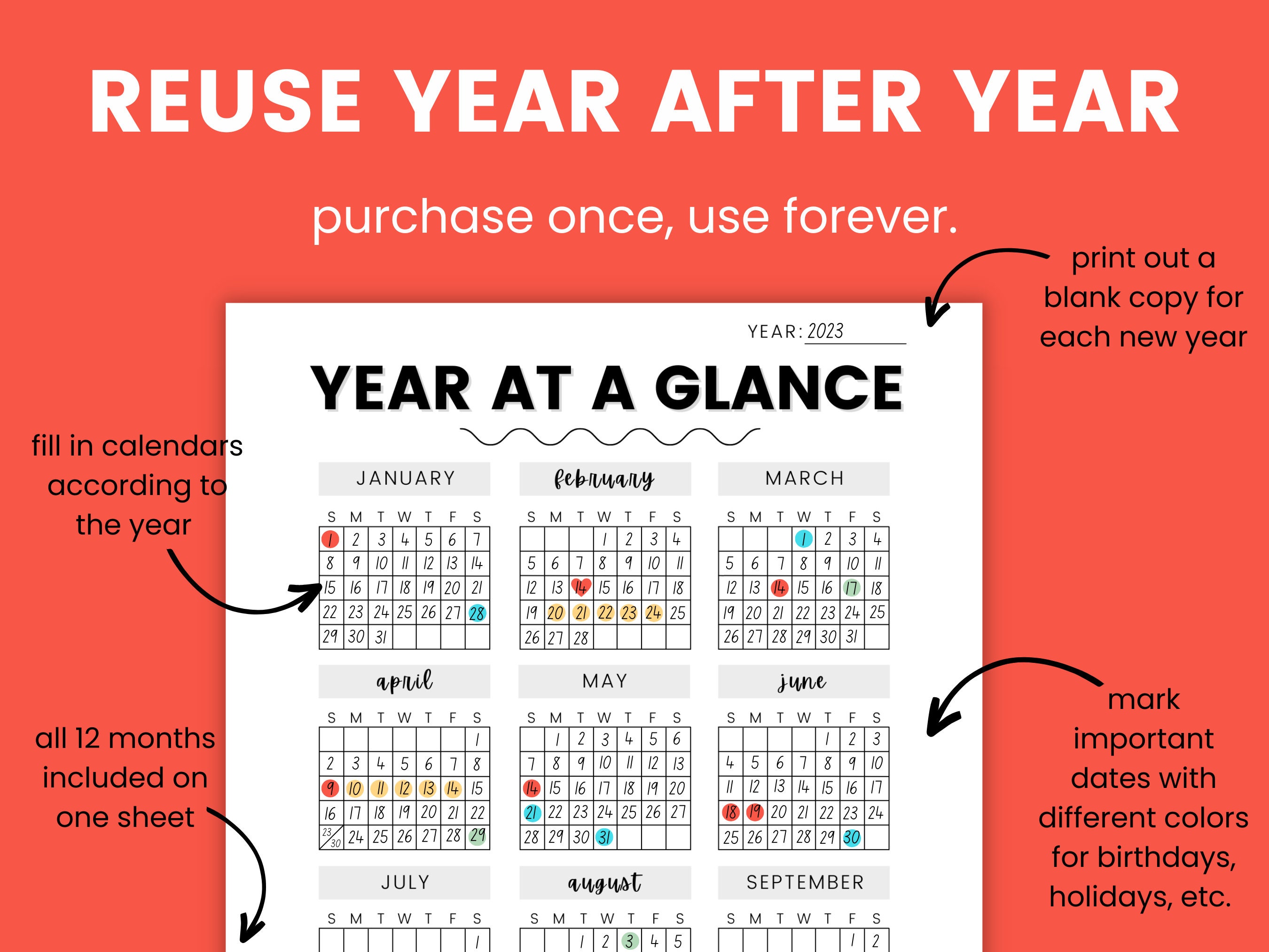 Year at A Glance Printable Calendar • Undated & Blank • Fillable for ...