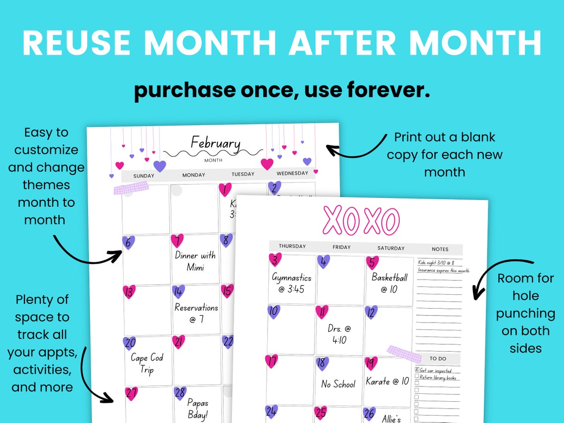 Undated Monthly Calendar Planner Printable • Double Page/month on Two ...