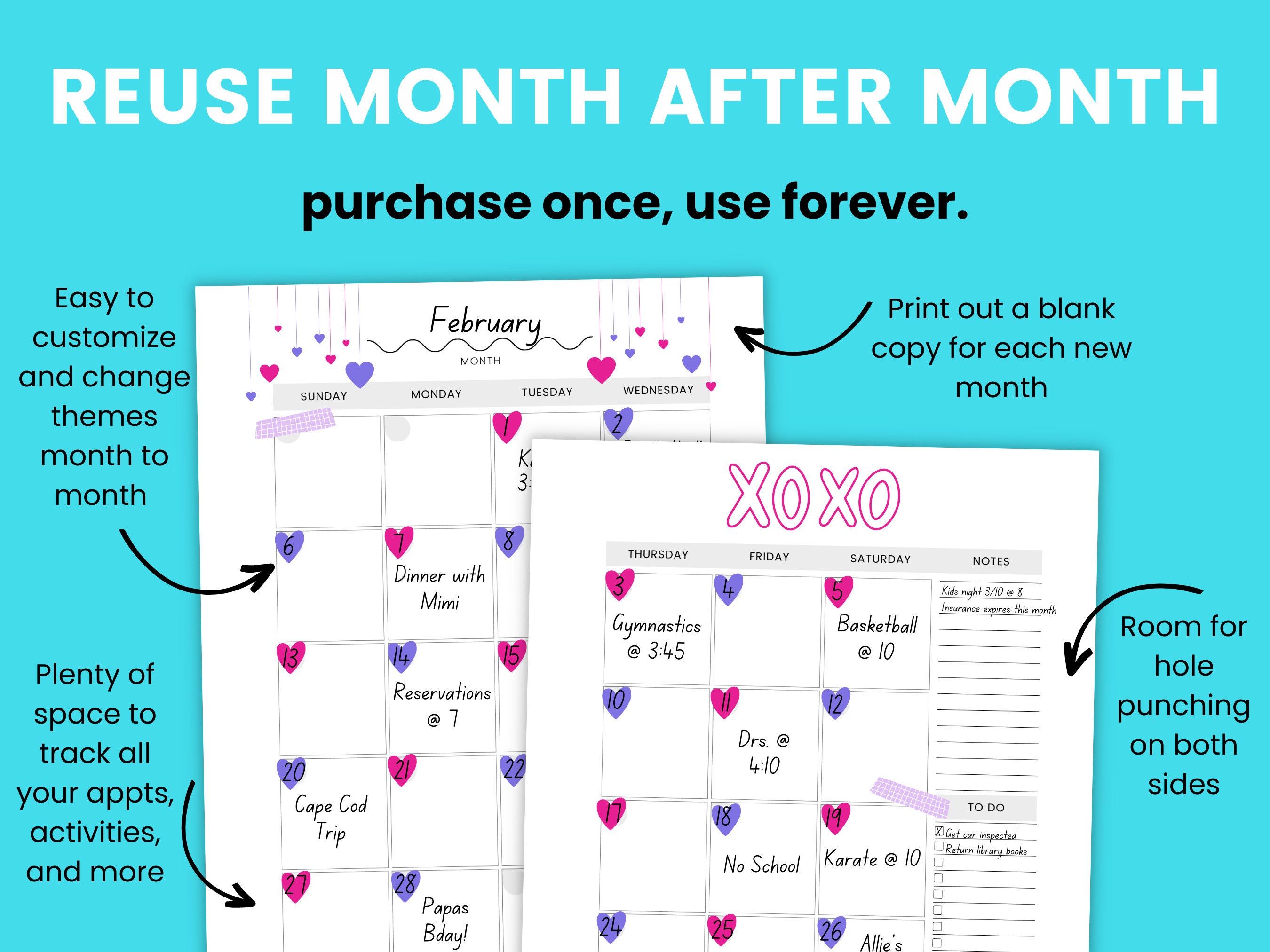 Undated Monthly Calendar Planner Printable • Double Page/month on Two ...