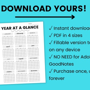 Year at A Glance Printable Calendar • Undated & Blank • Fillable for ...