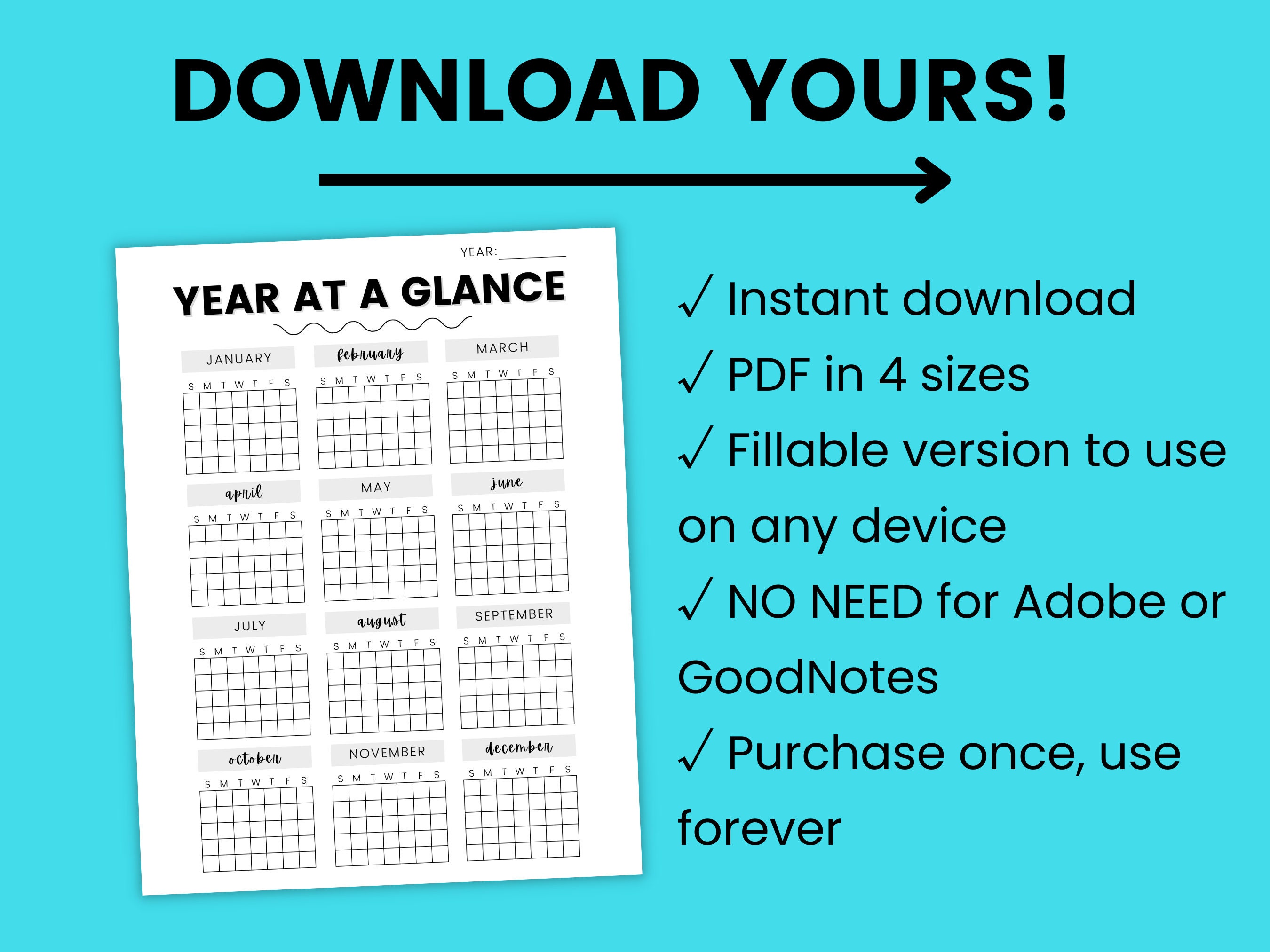 Year at A Glance Printable Calendar • Undated & Blank • Fillable for ...