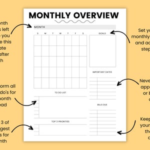 Monthly Overview Printable Template (editable + Fillable) • Letter/half ...