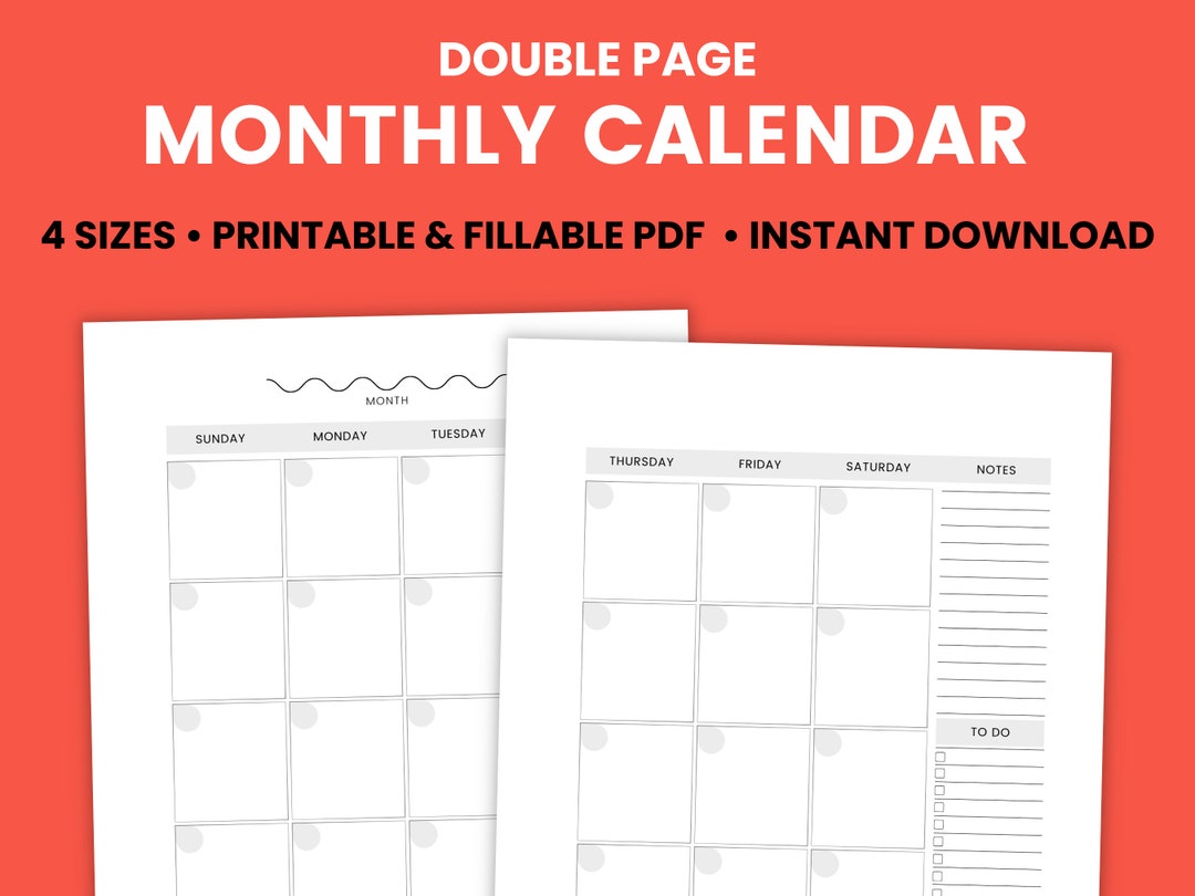 Undated Monthly Calendar Planner Printable • Double Page/month on Two ...