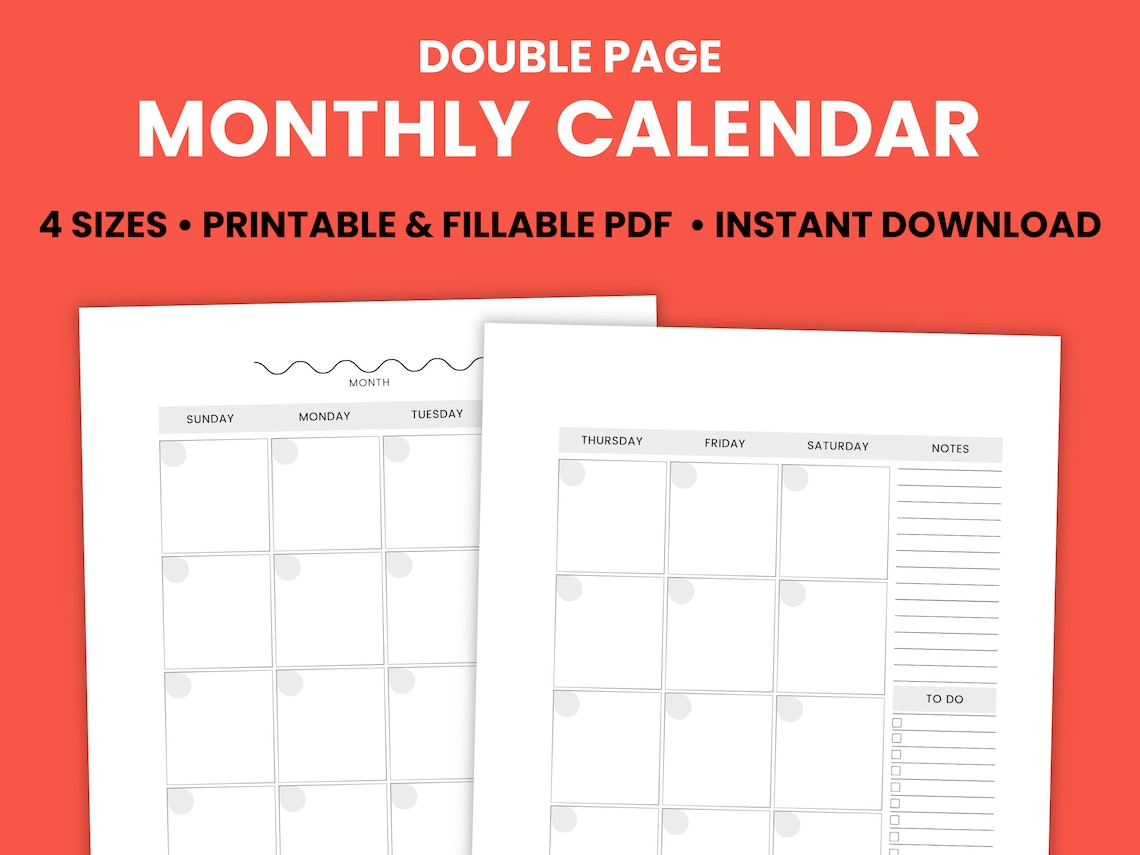 Undated Monthly Calendar Planner Printable • Double Page/month on Two ...