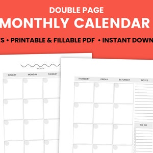 Undated Monthly Calendar Planner Printable • Double Page/month on Two ...