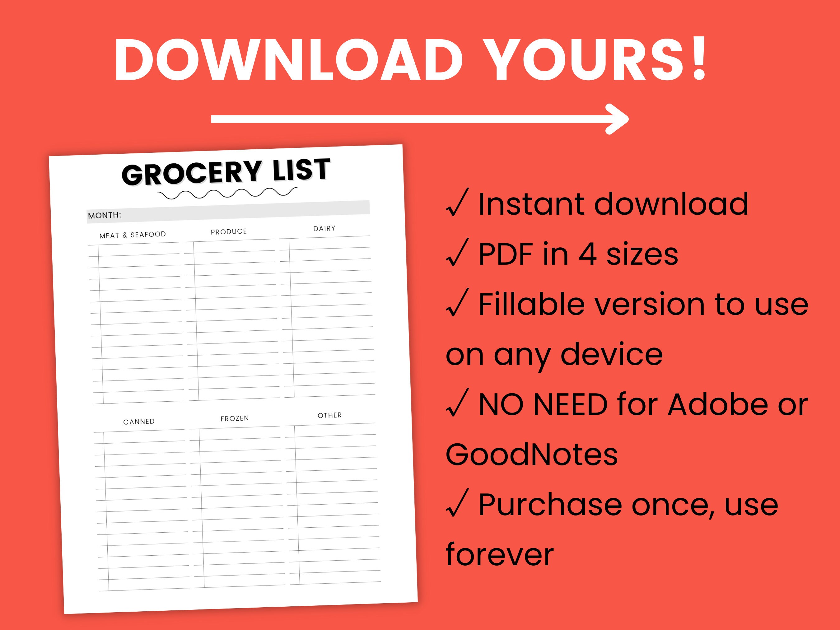Grocery List PDF Printable Template • Fillable and Digital (no Need for ...