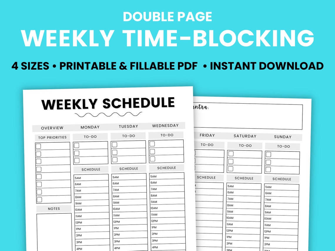 Weekly Time Blocking Planner Template Insert • Hour by Hour (5AM-11PM ...