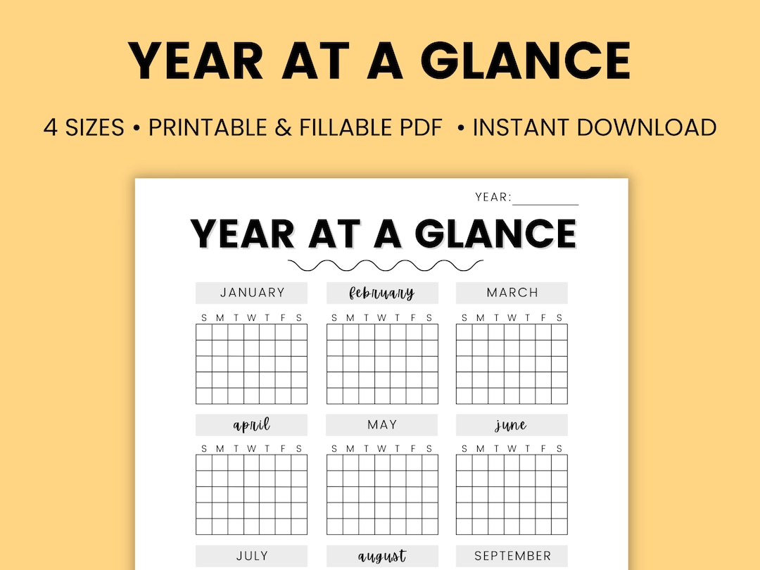 Year at A Glance Printable Calendar • Undated & Blank • Fillable for ...