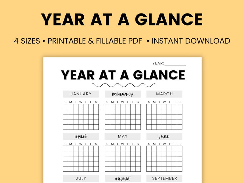 Year at A Glance Printable Calendar • Undated & Blank • Fillable for ...