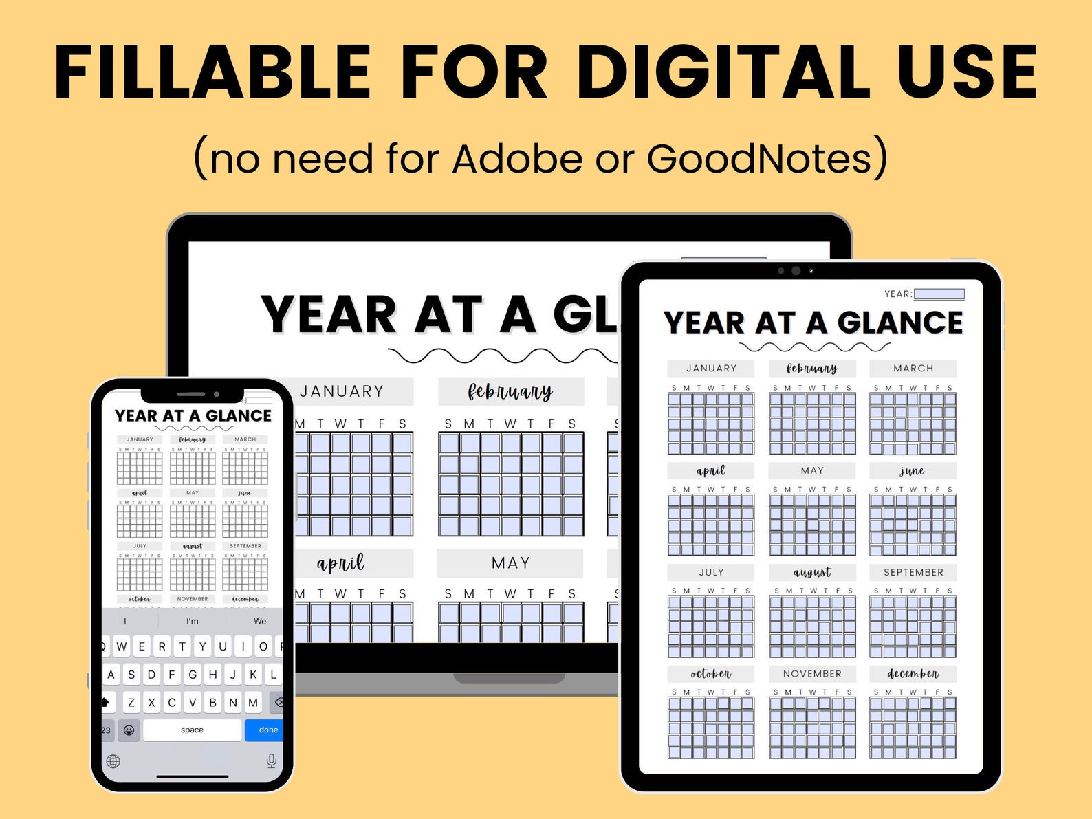 Year at A Glance Printable Calendar • Undated & Blank • Fillable for ...