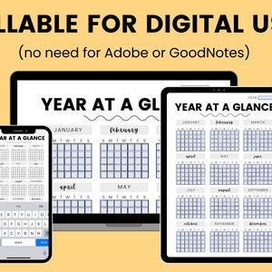 Year at A Glance Printable Calendar • Undated & Blank • Fillable for ...