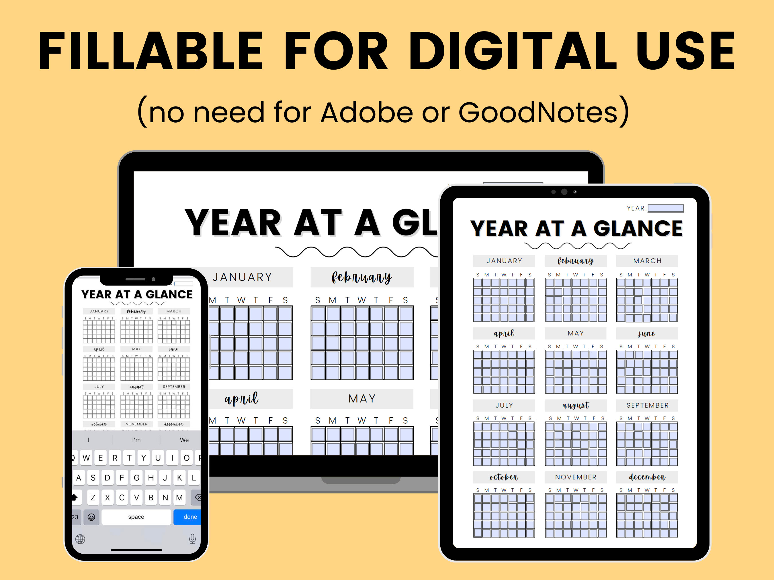 Year at A Glance Printable Calendar • Undated & Blank • Fillable for ...