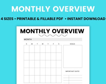 Editable Monthly Overview Printable Template, Month at a Glance ...