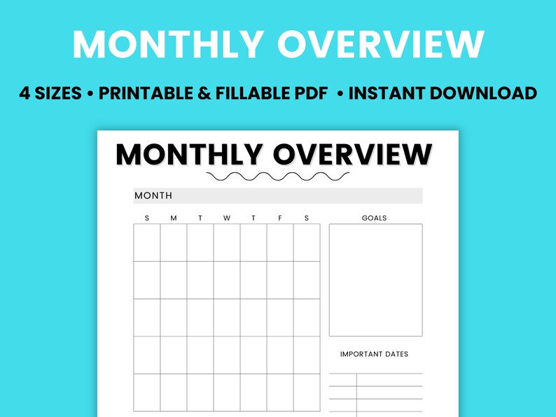 Monthly Overview Printable Template (editable + Fillable) • Letter/half ...