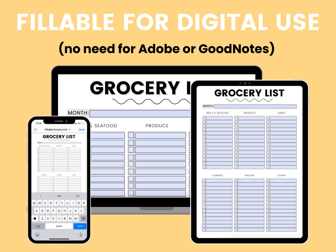 Grocery List PDF Printable Template • Fillable and Digital (no Need for ...
