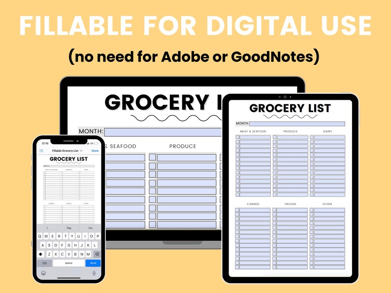 Grocery List PDF Printable Template • Fillable and Digital (no Need for ...