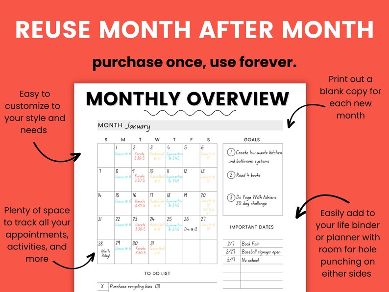 Monthly Overview Printable Template (editable + Fillable) • Letter/half ...