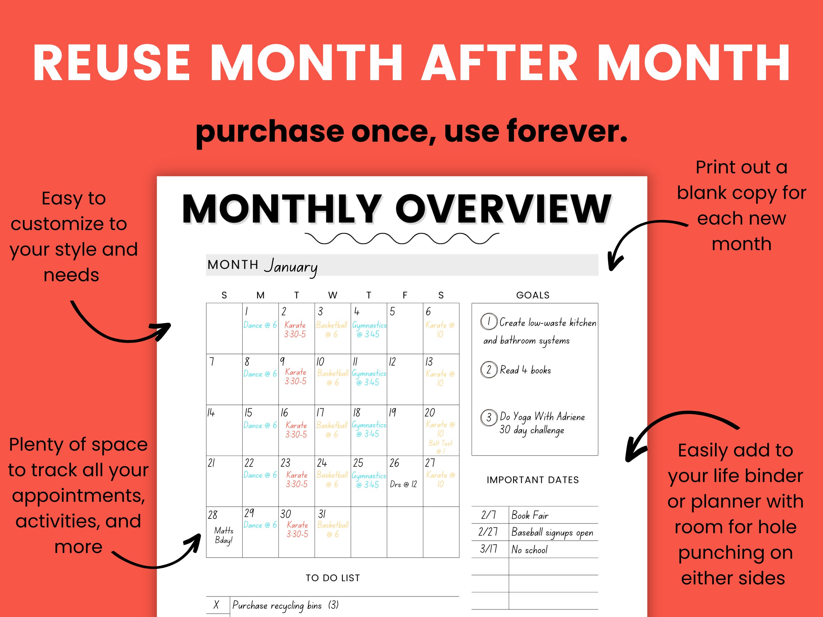 Monthly Overview Printable Template (editable + Fillable) • Letter/half ...